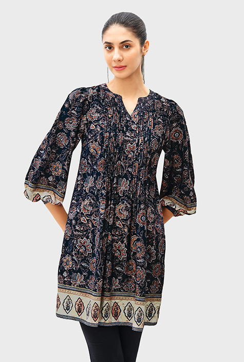 Shop Pintuck pleat floral vine print crepe tunic | eShakti