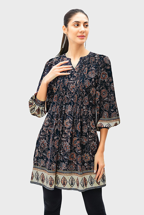 Shop Pintuck pleat floral vine print crepe tunic | eShakti