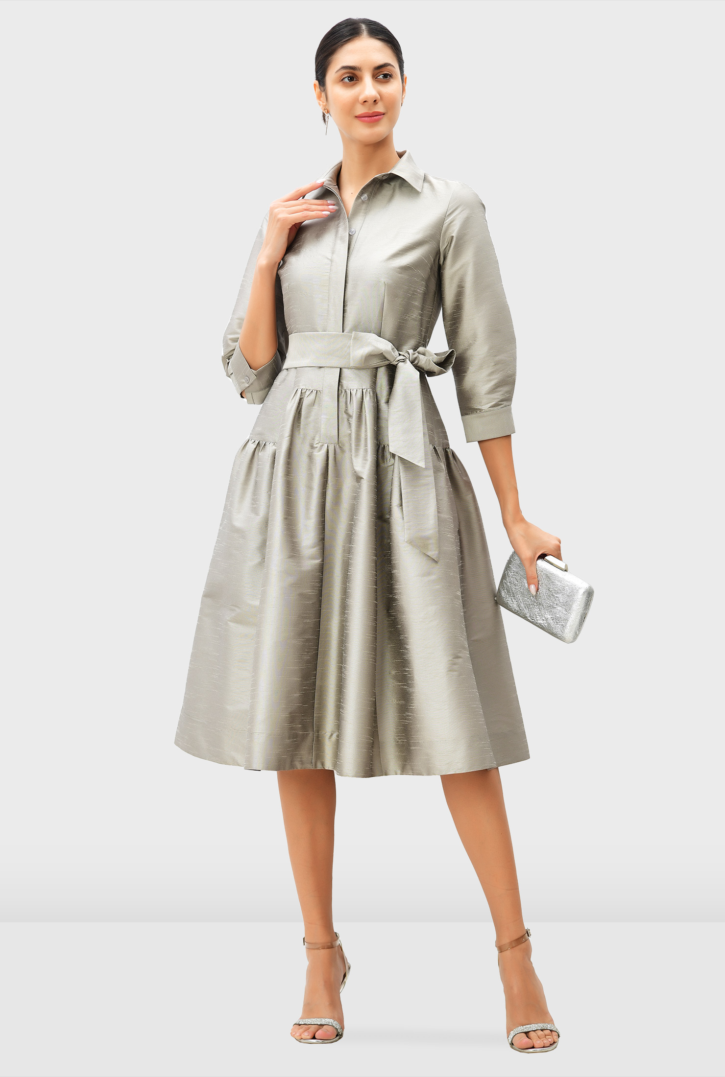 Shop High-low drop waist poly dupioni belted shirtdress | eShakti