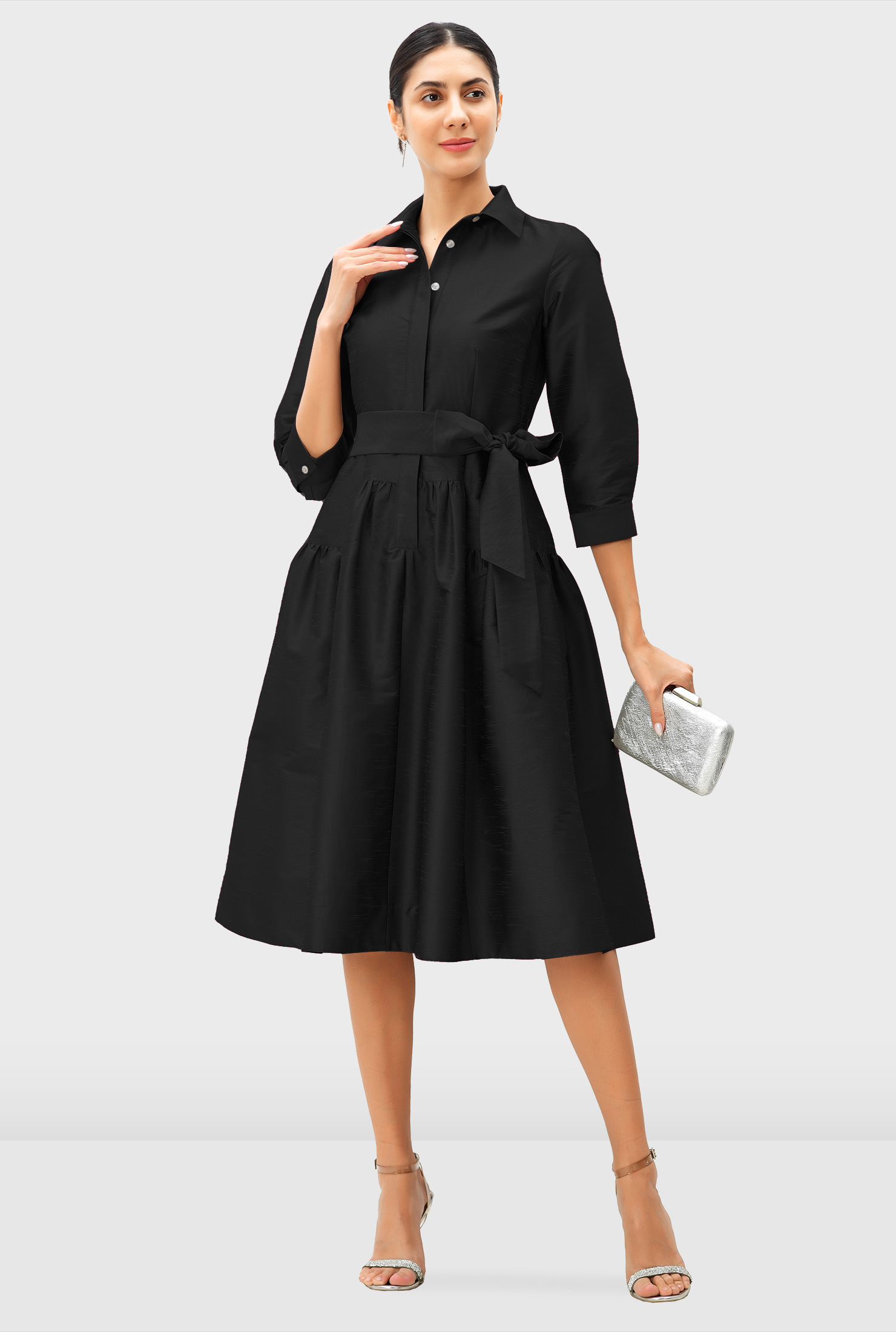 Shop High-low drop waist poly dupioni belted shirtdress | eShakti
