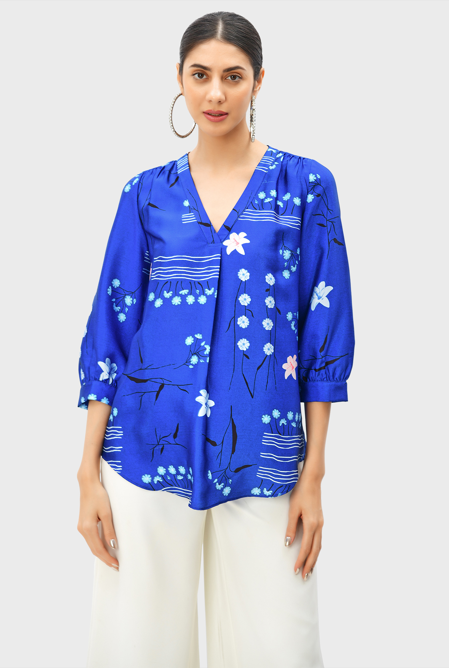 Shop Shirttail hem graphic floral print satin tunic | eShakti
