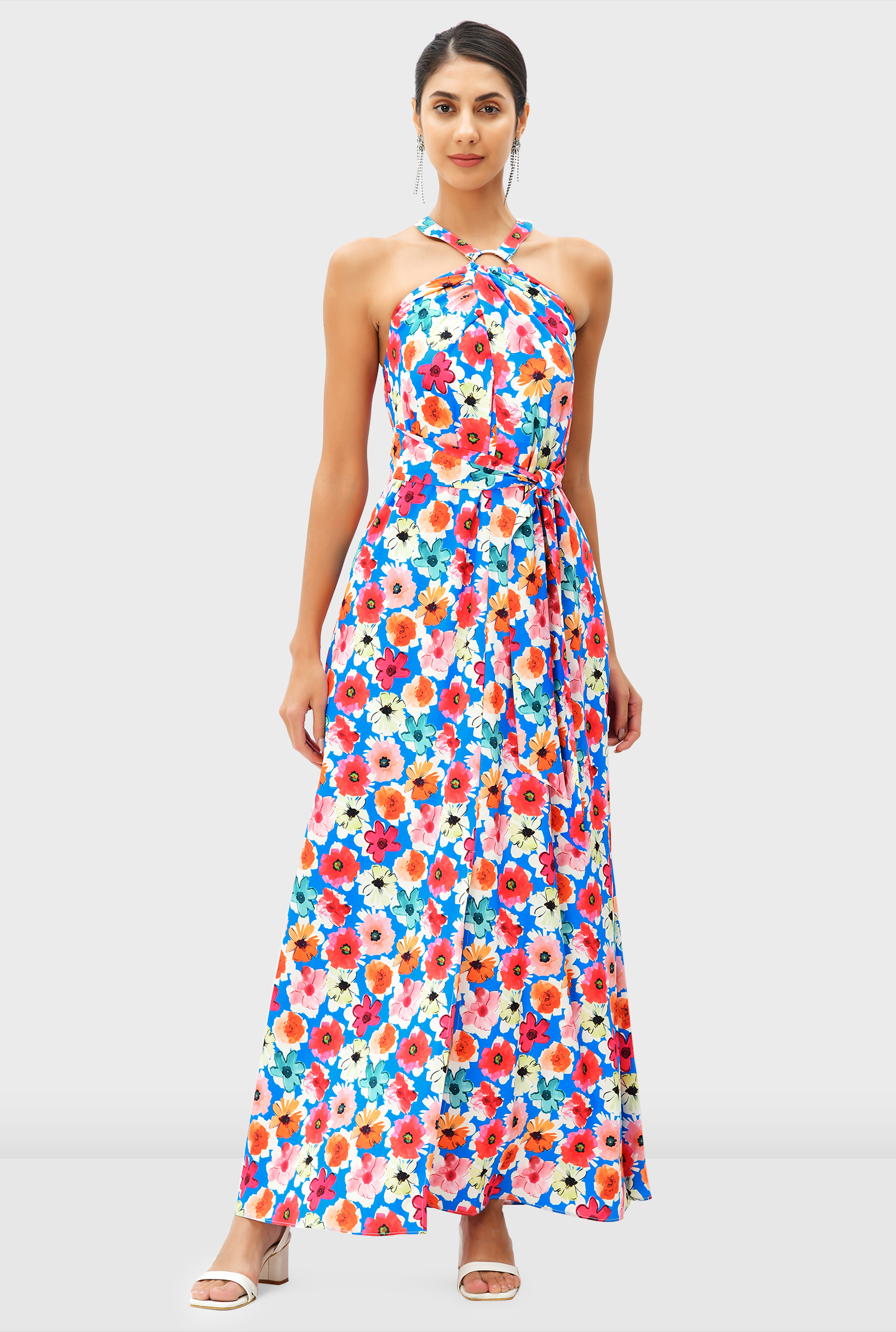 Shop Halter neck floral print crepe vented maxi dress | eShakti