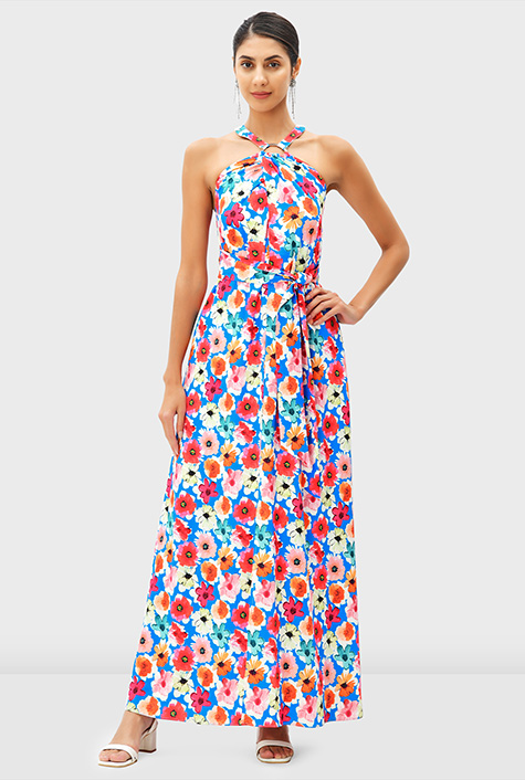 Shop Halter Neck Floral Print Crepe Vented Maxi Dress Eshakti