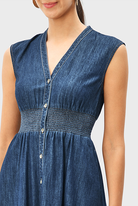Shop Cotton denim smocked waist shirt dress | eShakti