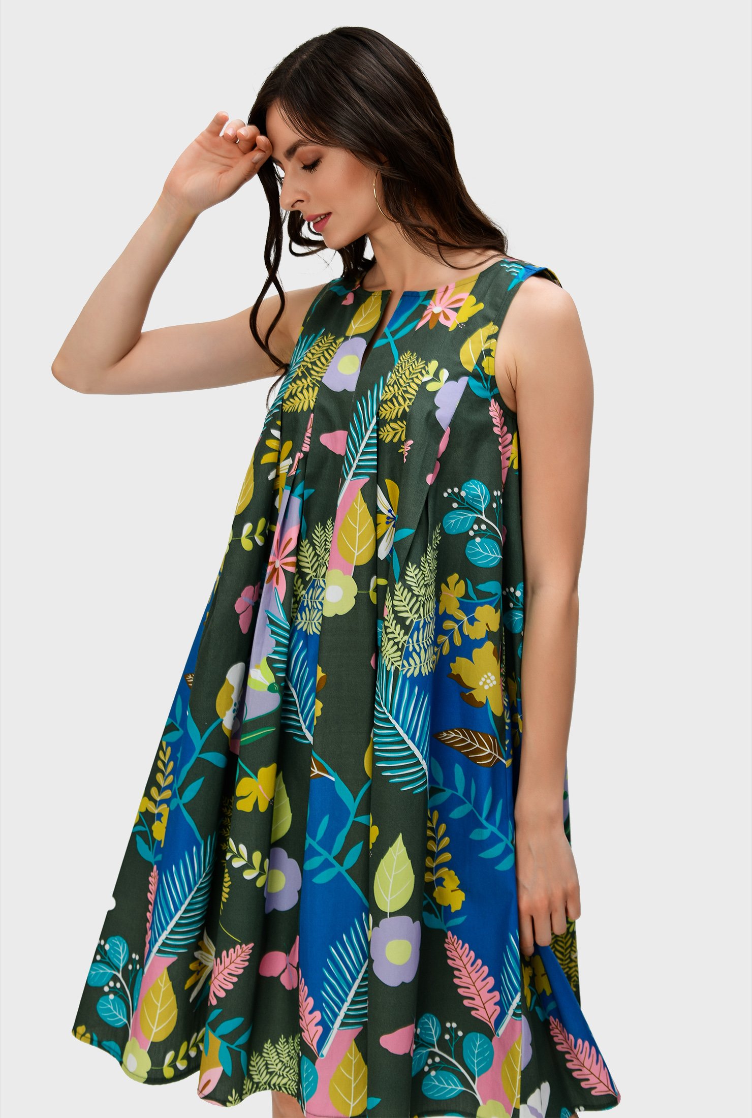 Shop Floral print cotton trapeze dress | eShakti
