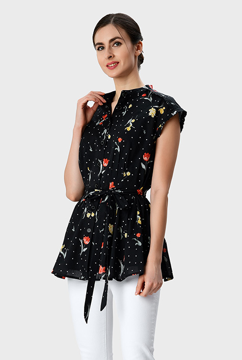 Shop Floral print cotton voile ruffle trim peplum top | eShakti