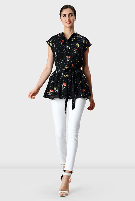 Shop Floral print cotton voile ruffle trim peplum top | eShakti