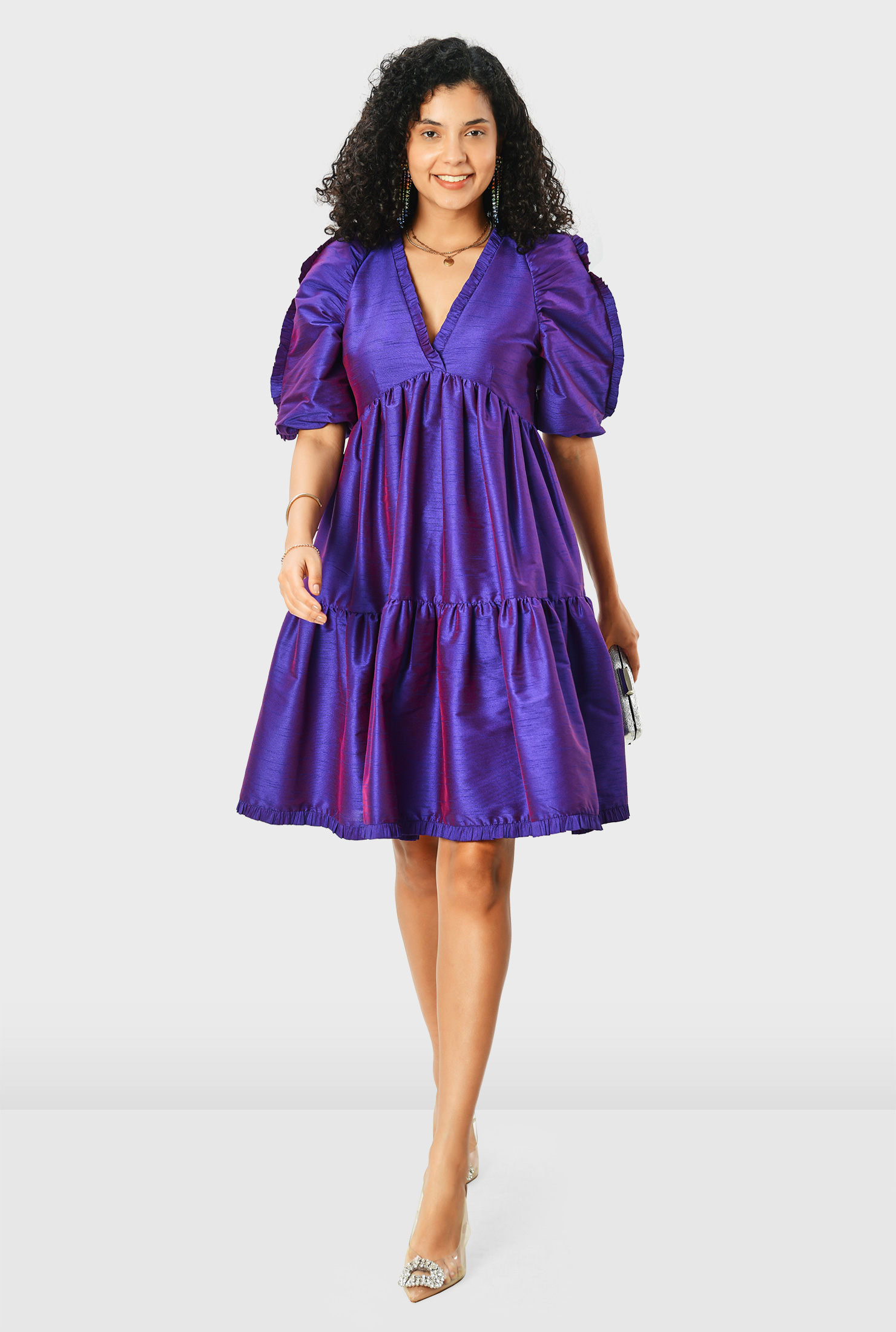 Shop Ruffle frill dupioni tiered dress | eShakti