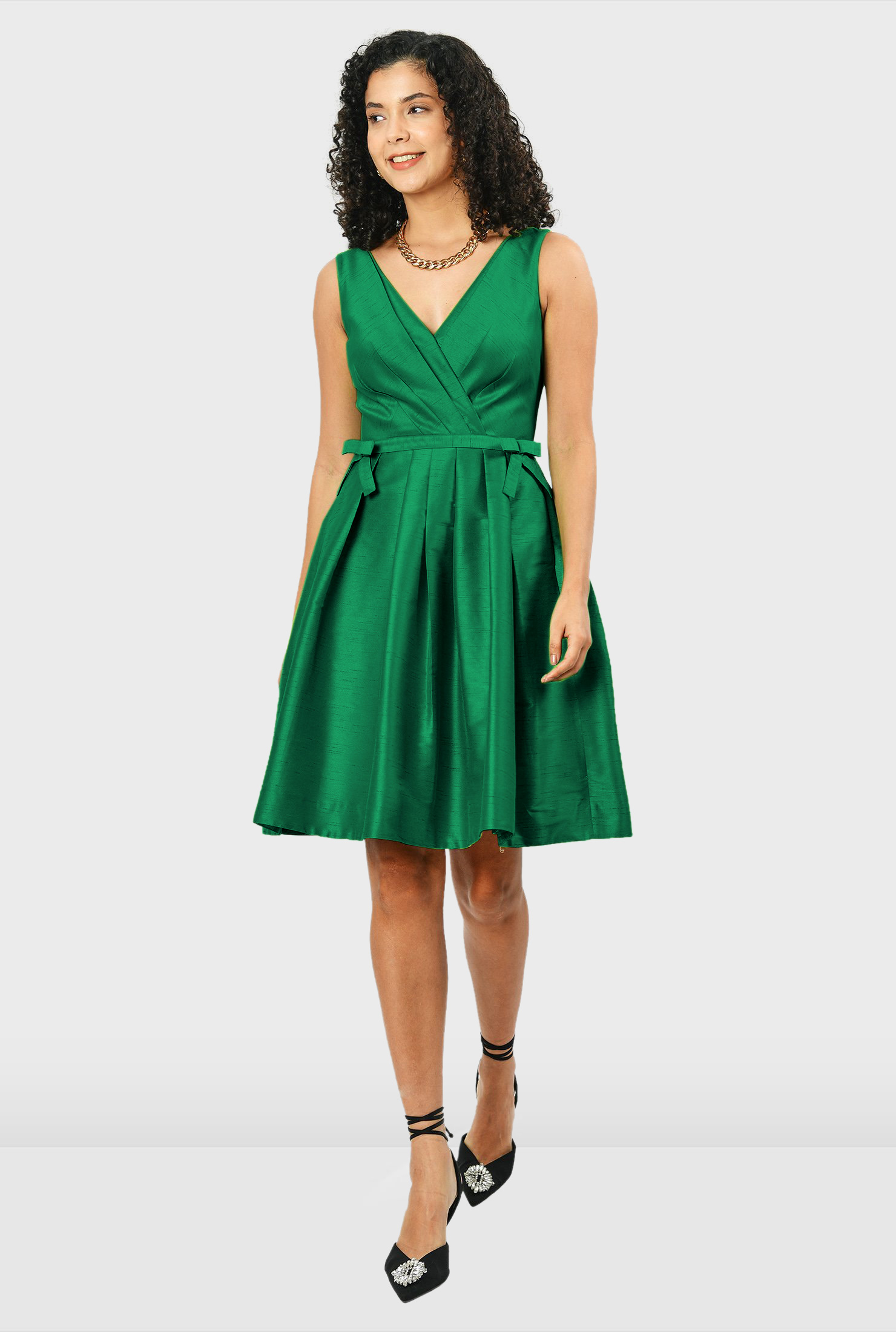 Shop Bow tie poly dupioni surplice dress | eShakti