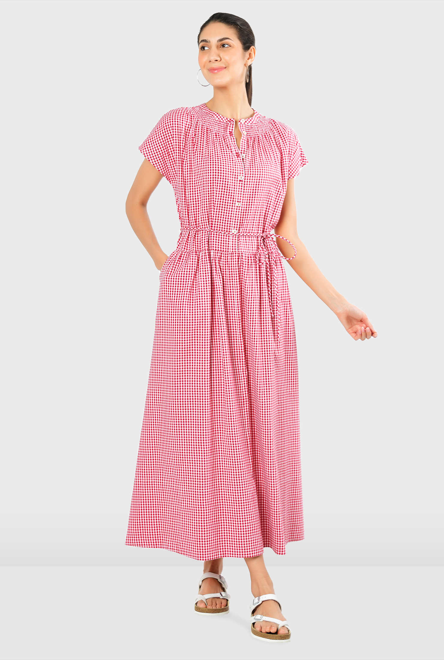 Shop Smocked gingham check cotton blouson dress | eShakti