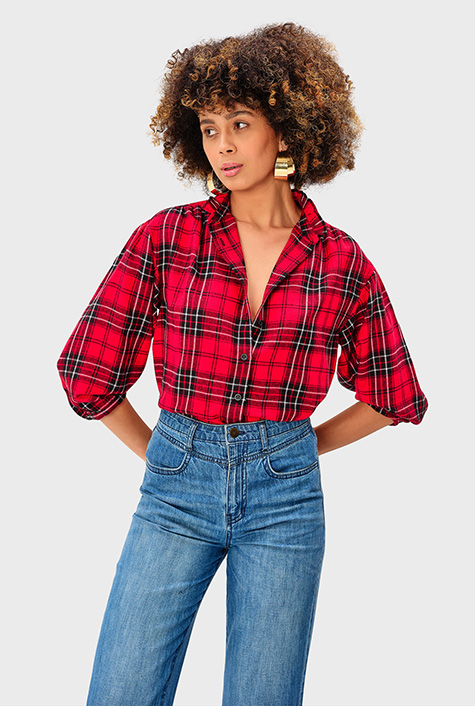 Shop Ruffle frill cotton flannel check shirt | eShakti