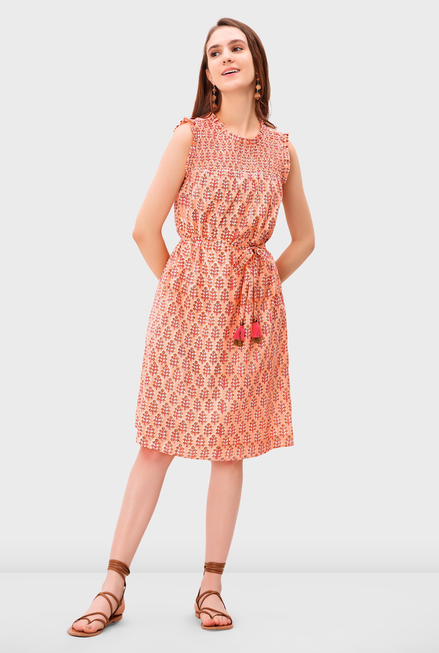 Shop Floral hand block print cotton smocked yoke dress | eShakti