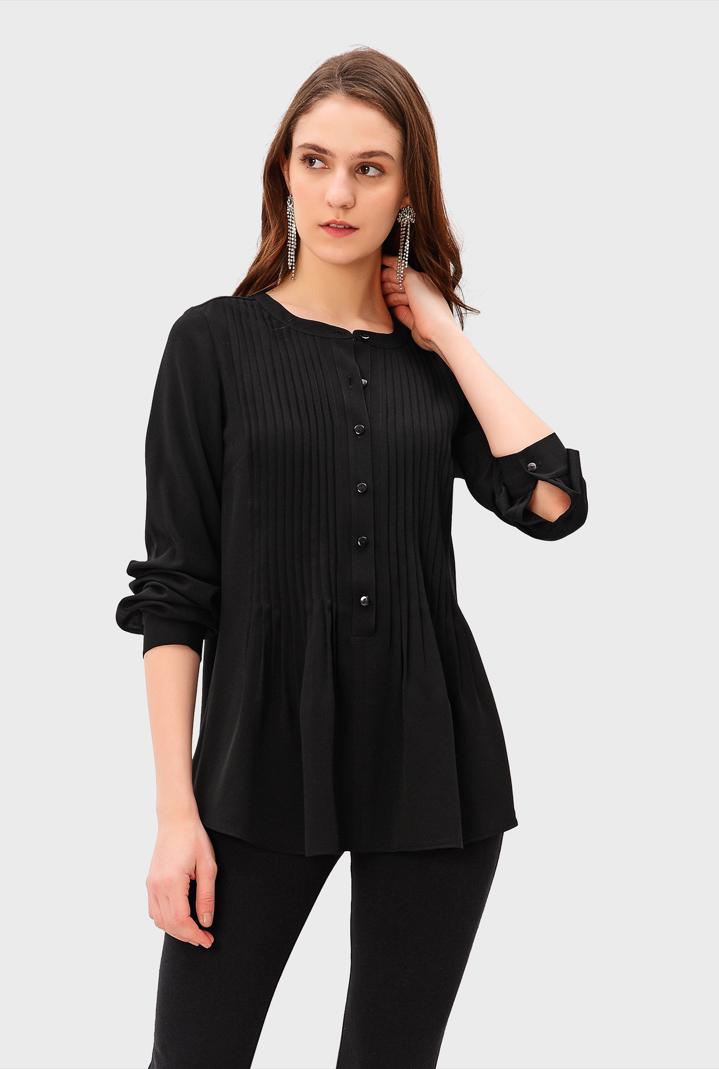 Shop Pintuck pleat button front crepe top | eShakti