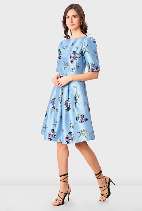 Shop Princess seamed floral print dupioni A-line dress | eShakti