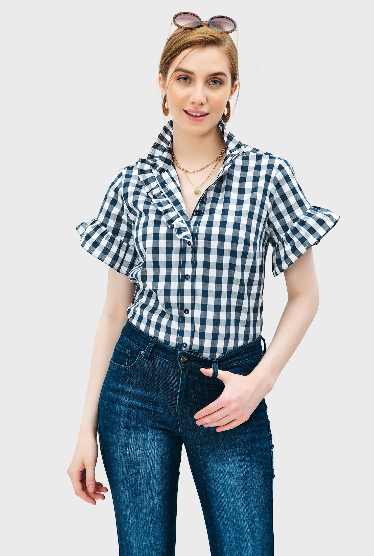 Shop Ruffle frill gingham check cotton shirt | eShakti