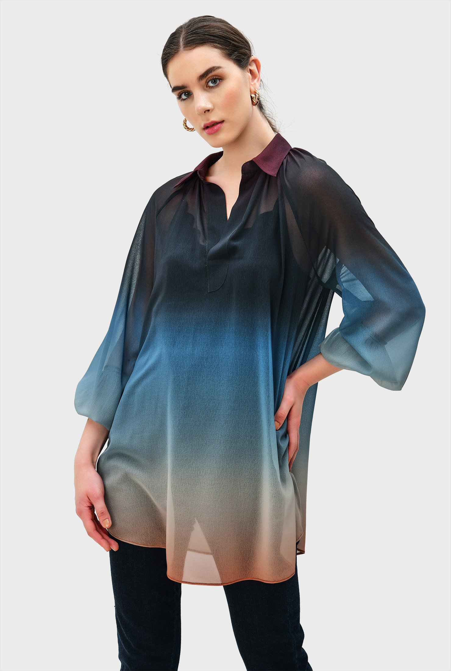 Shop Ruched shadow ombre print georgette tunic | eShakti