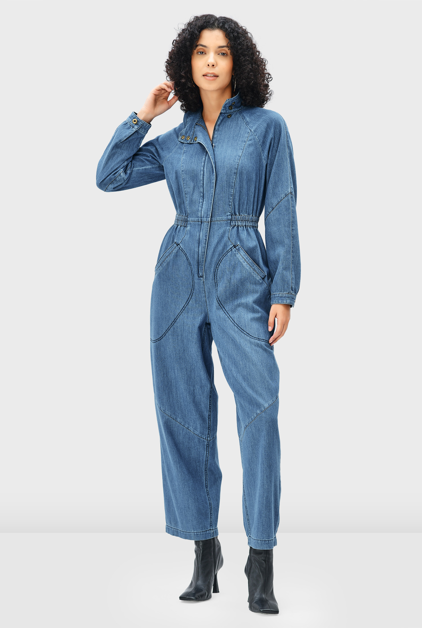 Shop Zip front cotton denim jumpsuit | eShakti