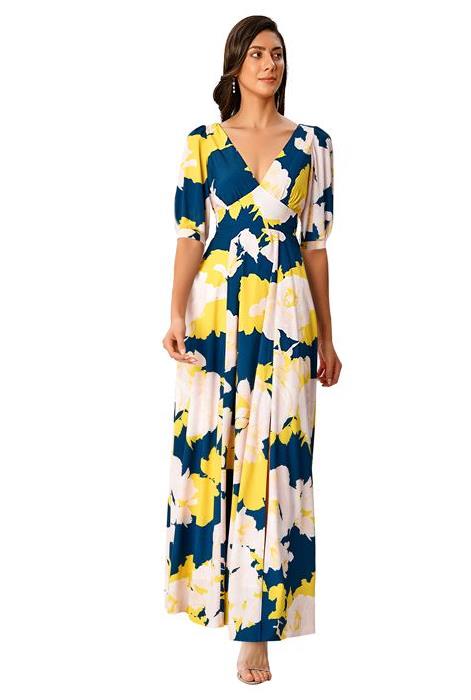 Shop Rose Print Crepe Vented Maxi Dress Eshakti